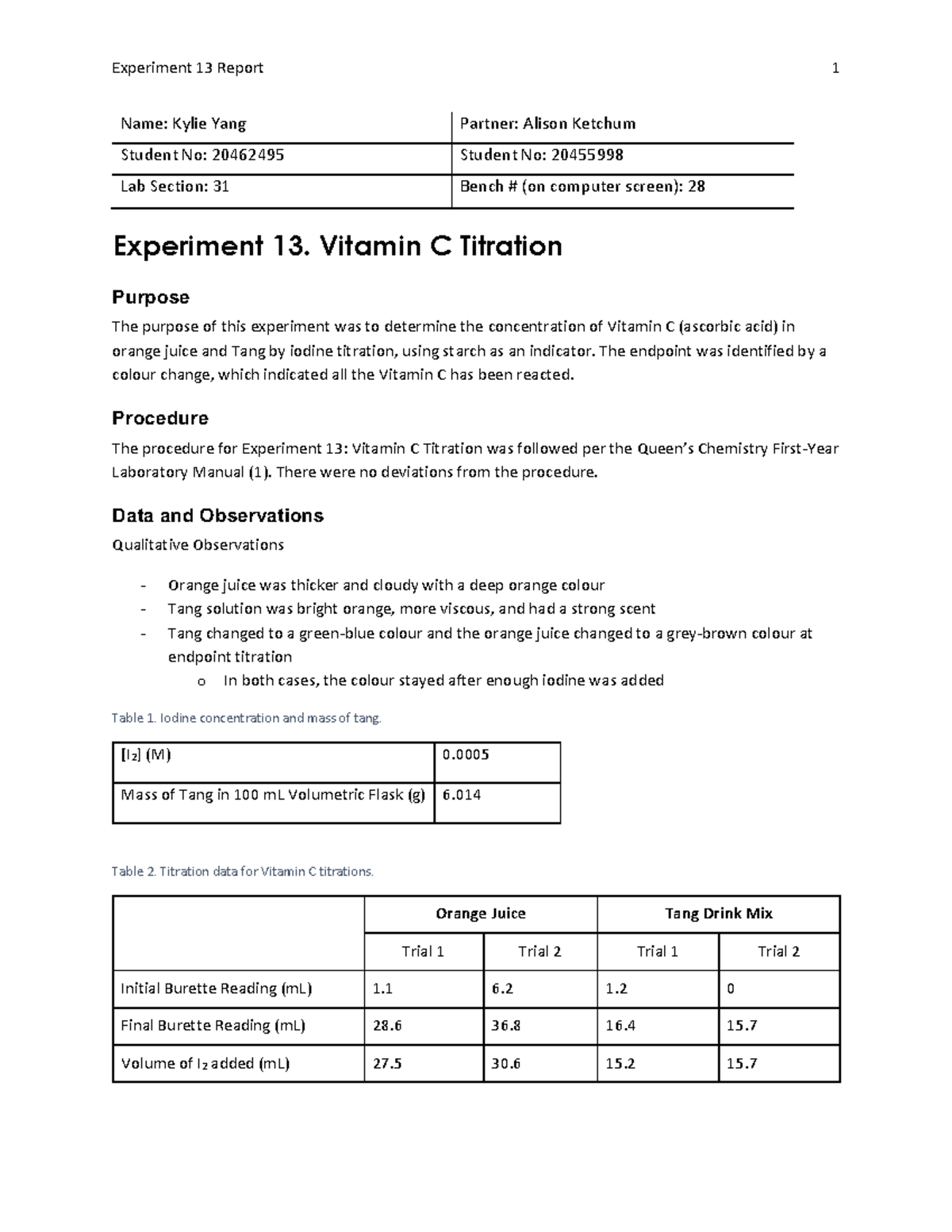 Experiment 13: Vitamin C Titration Report - Lab Section 31 - Studocu