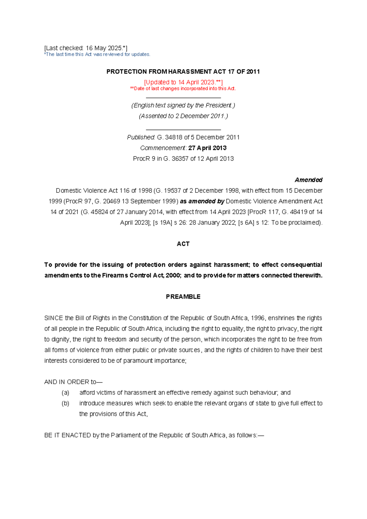 Protection from Harassment Act 17 of 2011: Full Text and Amendments ...