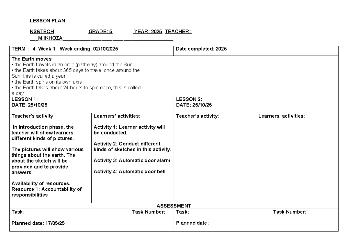 Gr 5 Term 4 Week 1 - Earth Movement Lesson Plan - Studocu