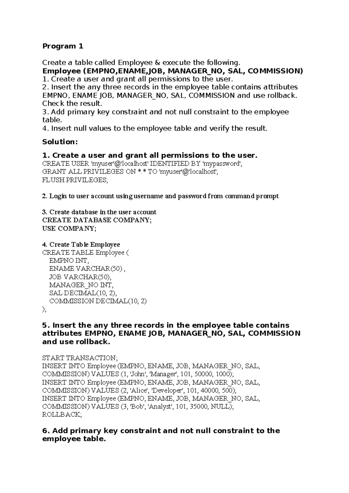 DBMS101: DBMS Lab Manual with Employee Table Operations and Queries - Studocu