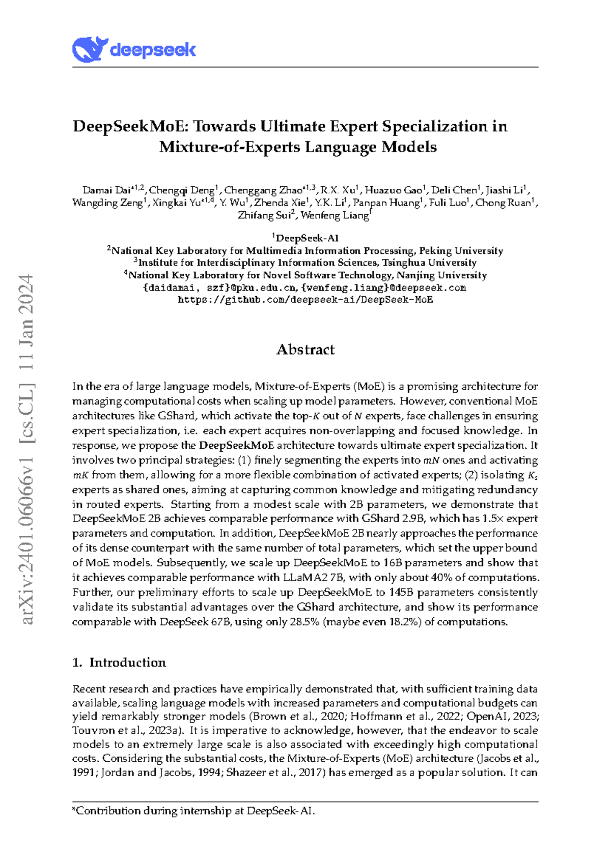 DeepSeekMoE: Expert Specialization in Language Models (arXiv:2401.06066) - Studocu