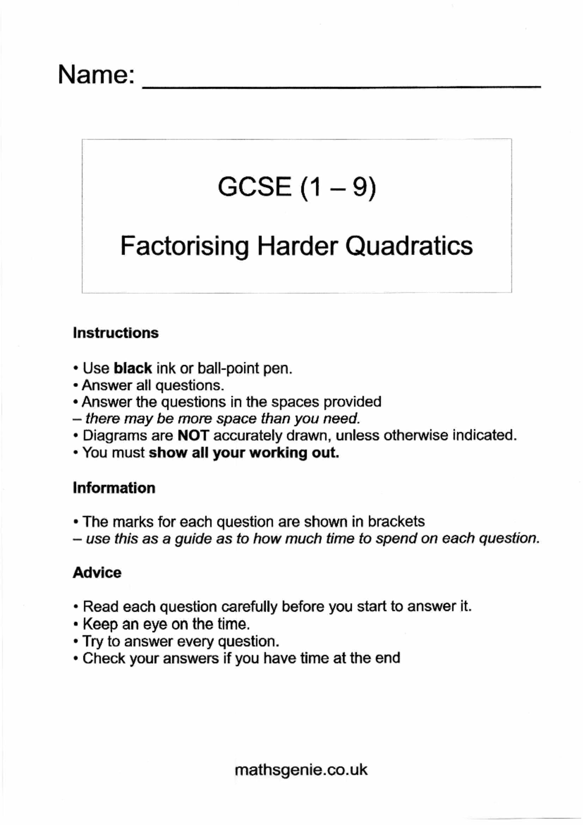 GCSE Factorising Harder Quadratics Practice Questions - Studocu