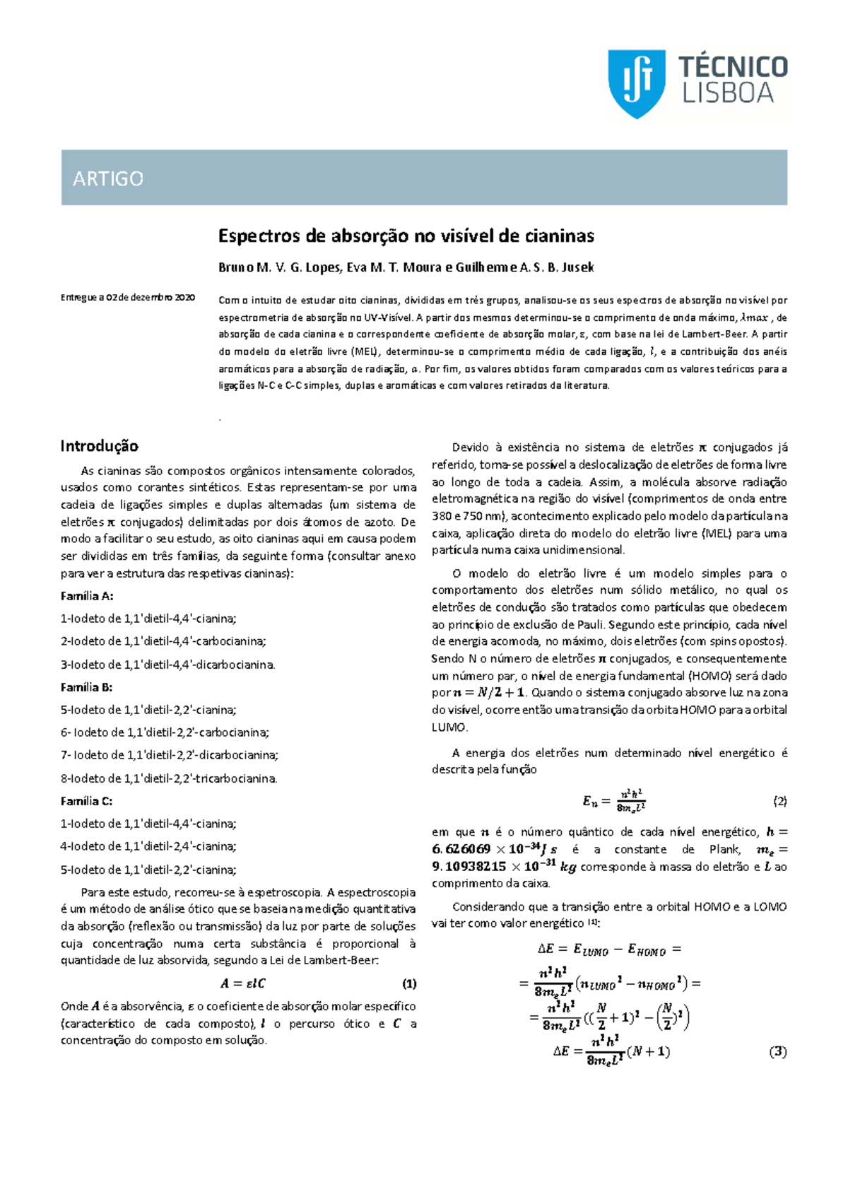 Espectros de Absorção de Cianinas: Artigo Final IST - Studocu