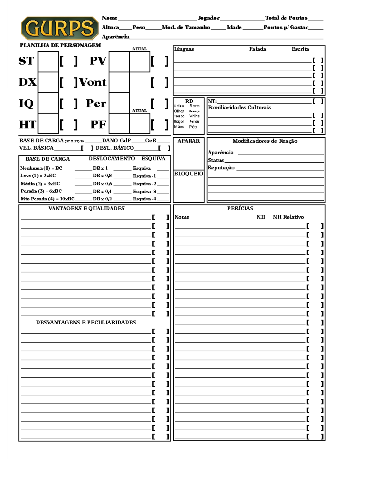 Pdfcoffee - FICHA GURPS - ST PV Vont Per PF PLANILHA DE PERSONAGEM Nome Aparência Altura ATUAL ...