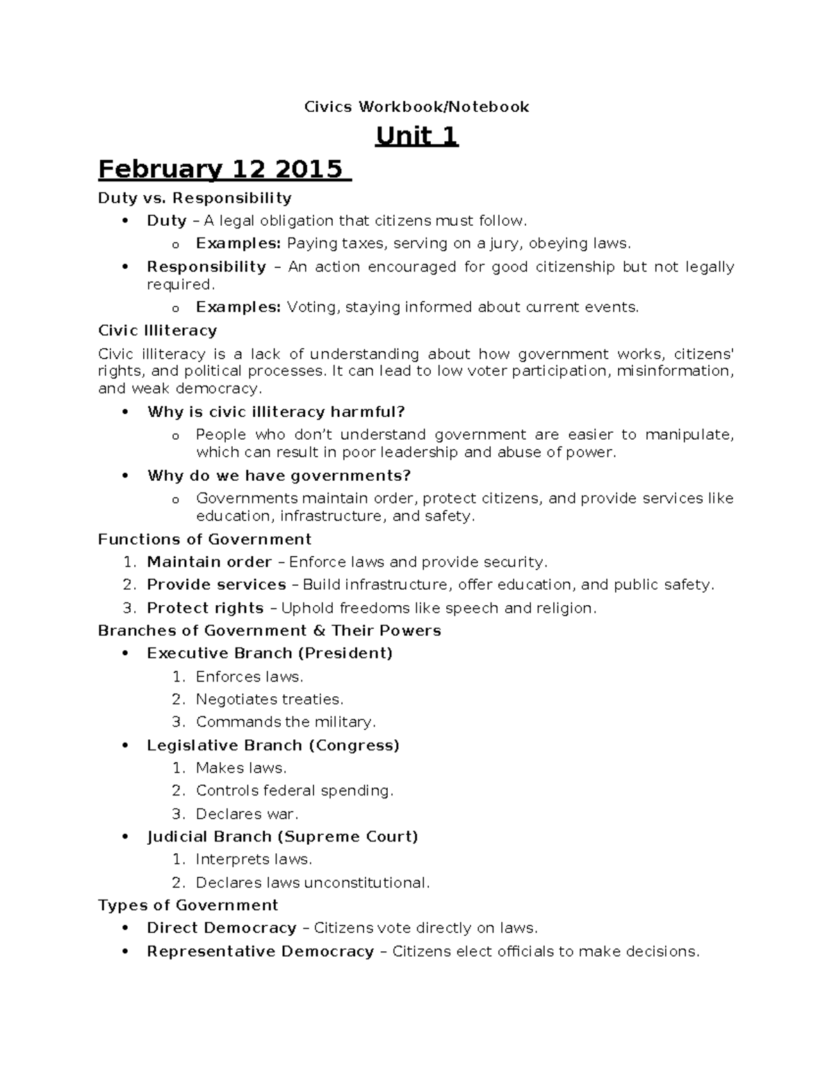Civics Workbook - Civics Workbook/Notebook Unit 1 February 12 2015 Duty ...
