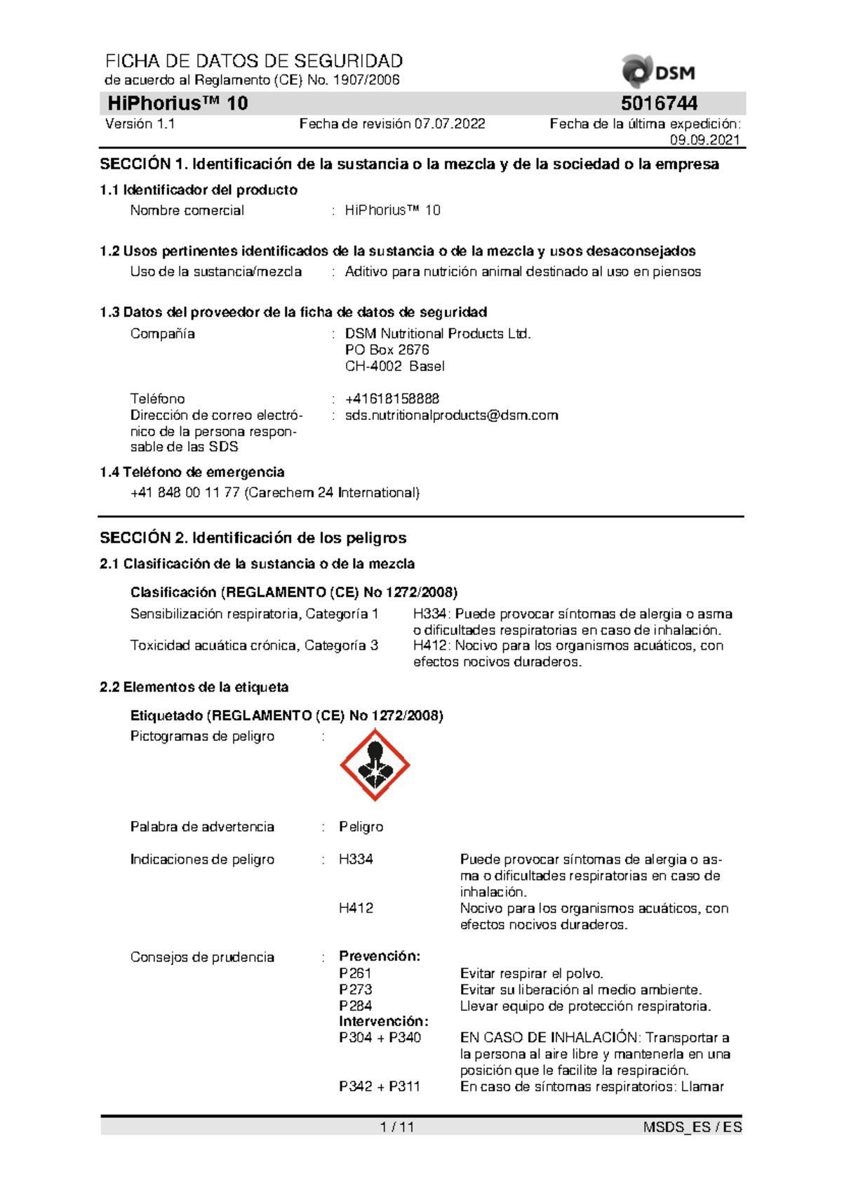 MSDS HiPhorius™ 10 (5016744) - Ficha de Datos de Seguridad - Studocu