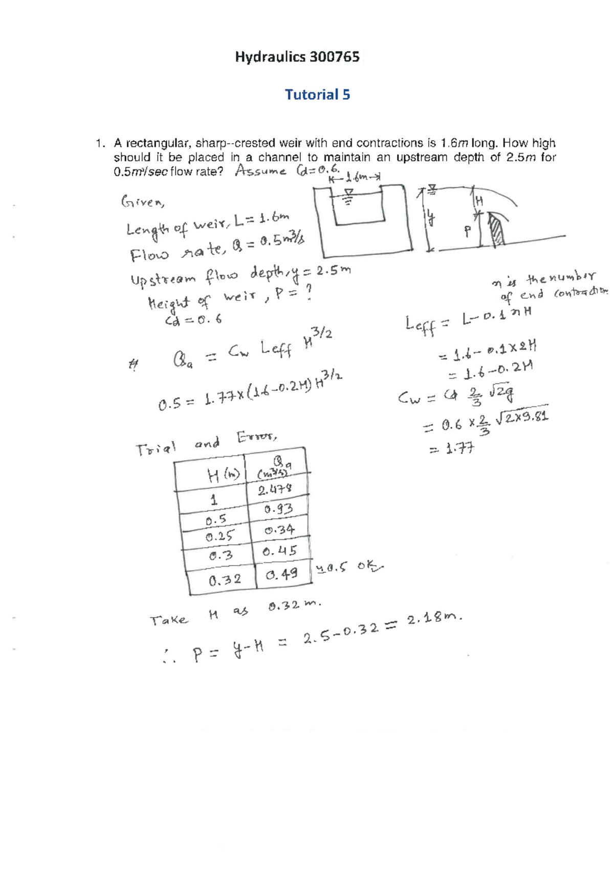 Hydraulics 300765 Tutorial 5 Solutions and Flow Calculations - Studocu