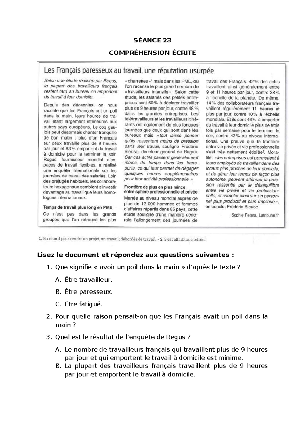 SÉANCE 23 COMPRÉHENSION ÉCRITE - EXERCICE DE RÉPONSES - Studocu