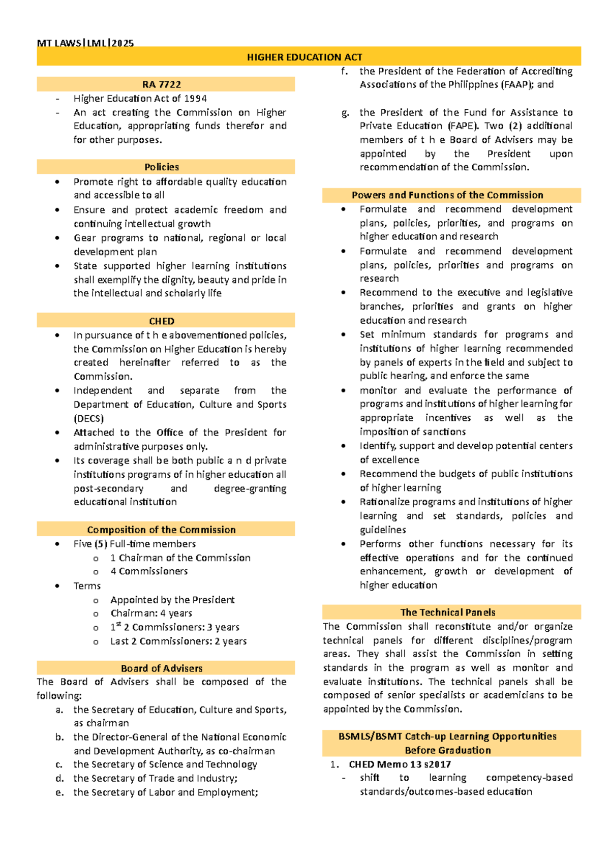 MT Laws & Bioethics: Higher Education Act & RA 9165 Overview - Studocu