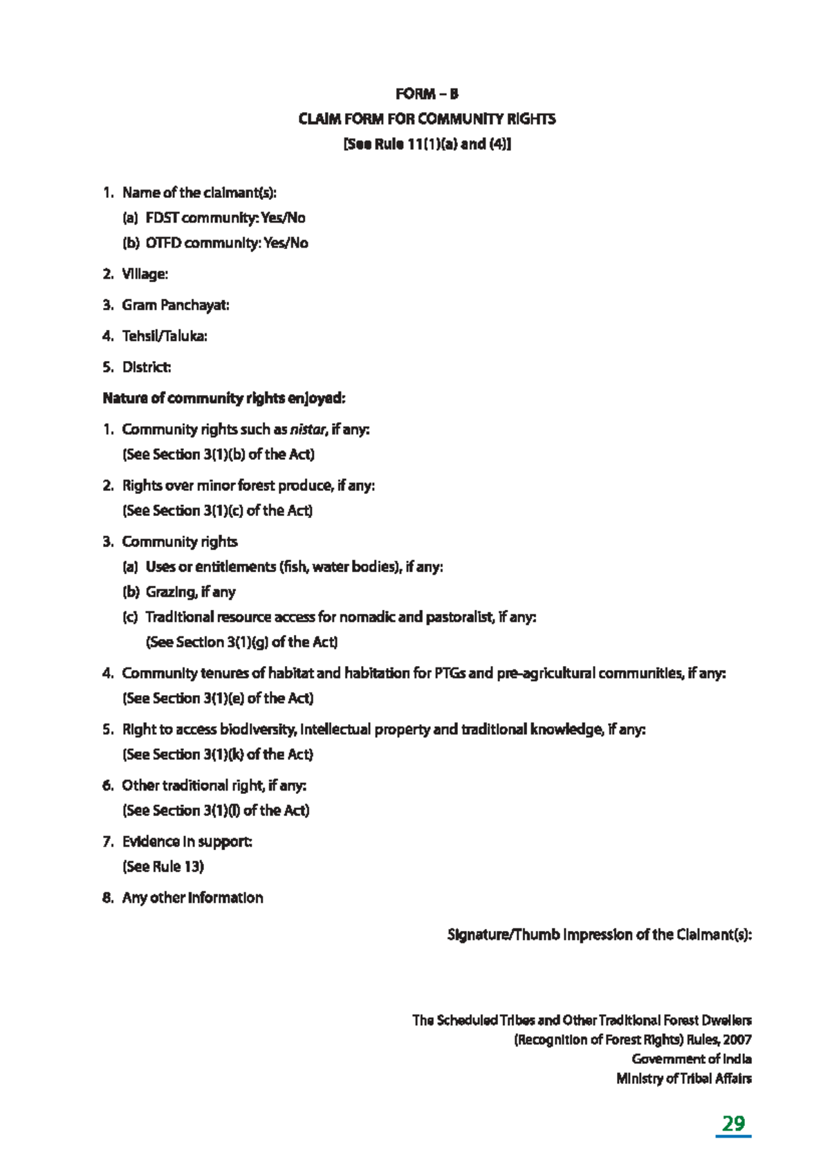 FRA-Form B: Community Rights Claim Form for FDST & OTFD - Studocu