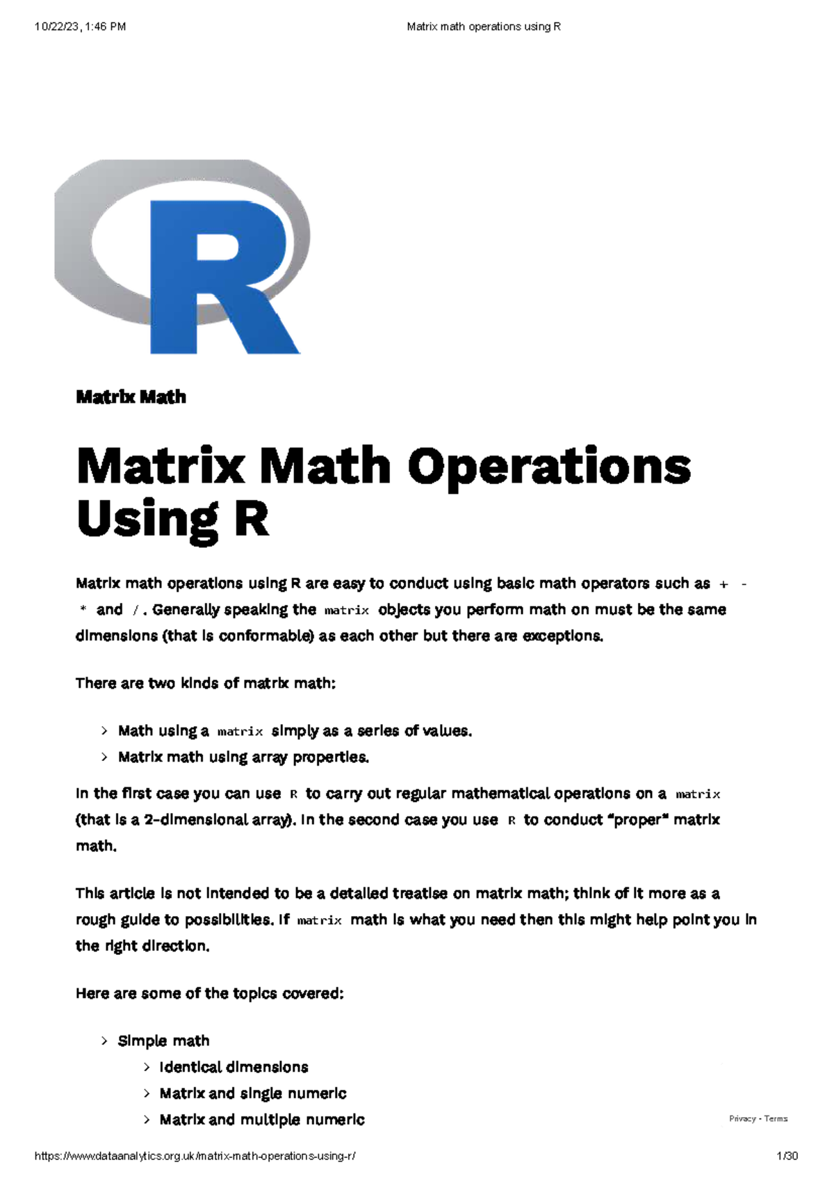 Matrix Math Operations Using R: A Comprehensive Guide - Studocu