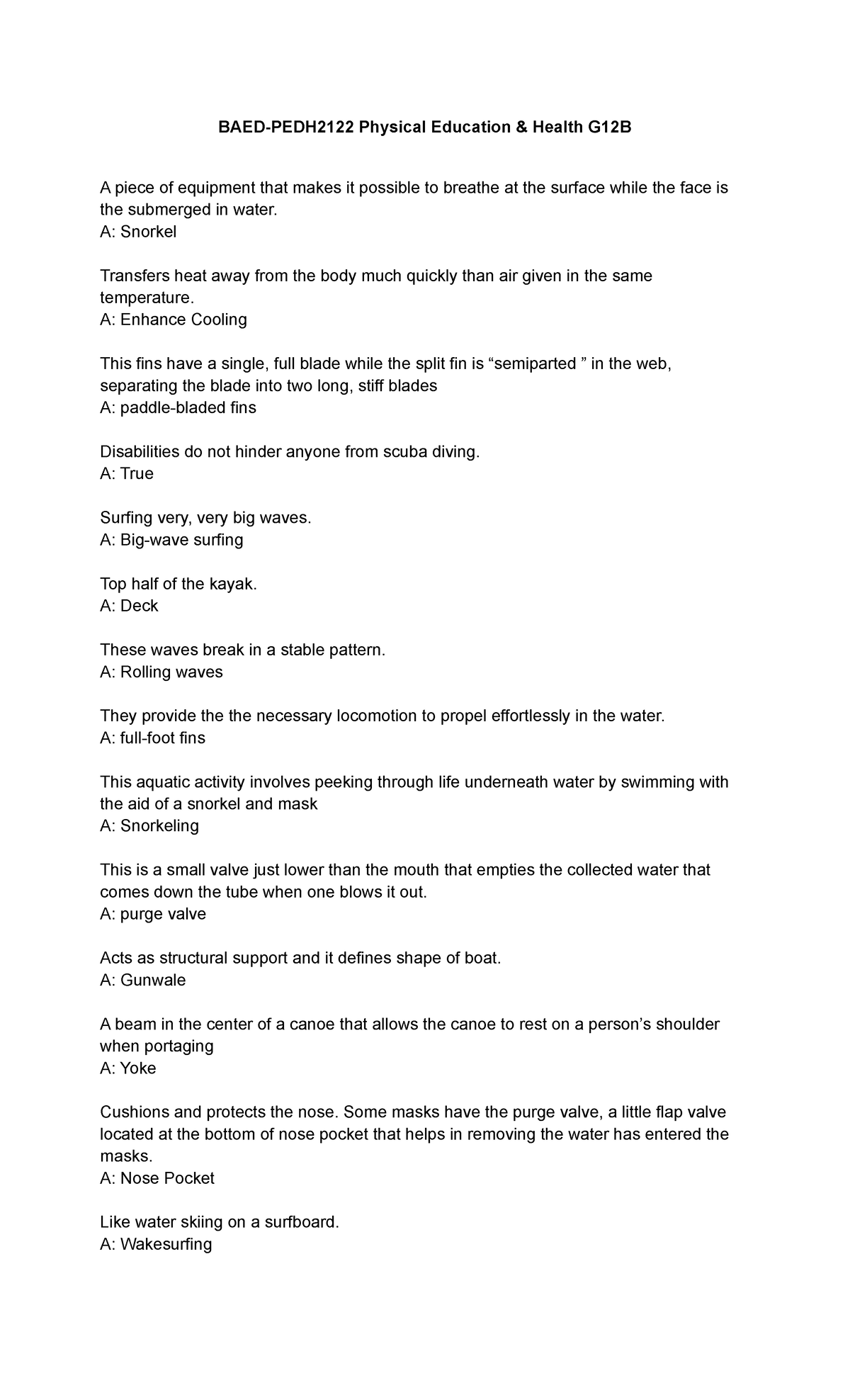 PE G12B Final Exam: Key Concepts in Aquatic Activities - Studocu