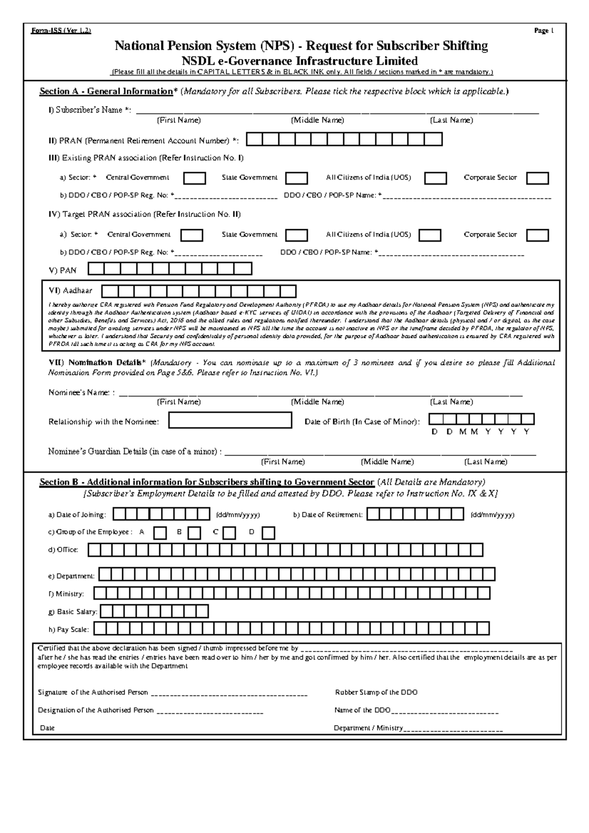 Inter-Sector Shifting (ISS) Form for National Pension System (NPS ...