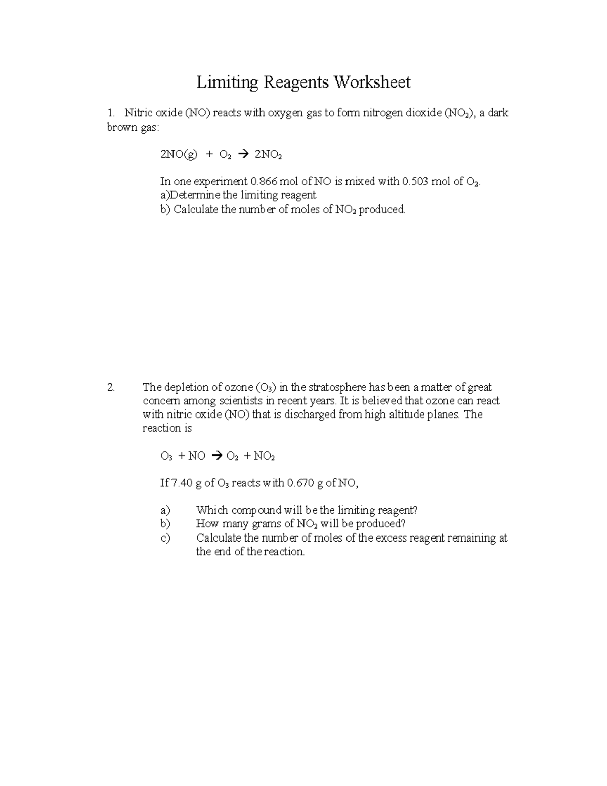 Limiting Reagents Worksheet (Chemistry 101) - Studocu