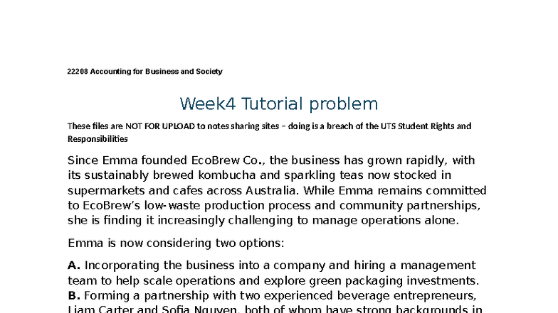 Accounting for Business and Society 22208 Spr25 Week 4 Tutorial Problem ...