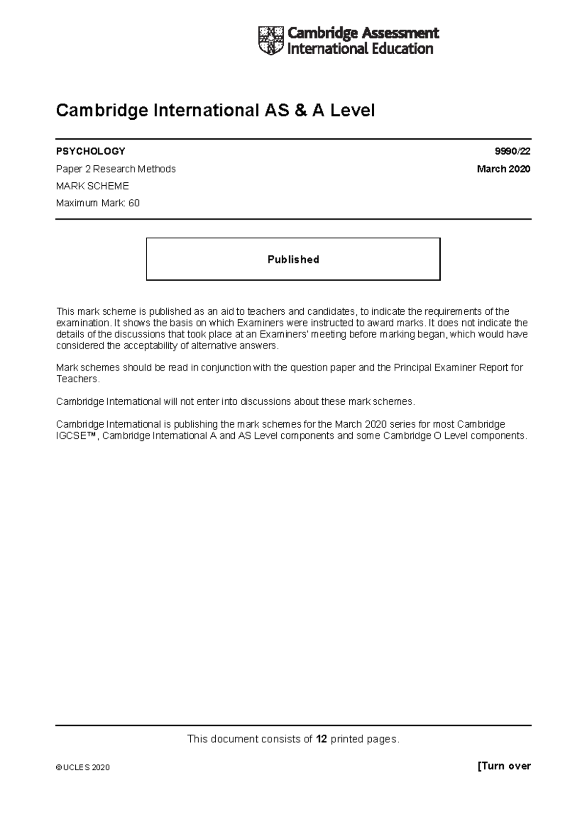 Cambridge AS & A Level Psychology 9990/02 Research Methods Mark Scheme ...