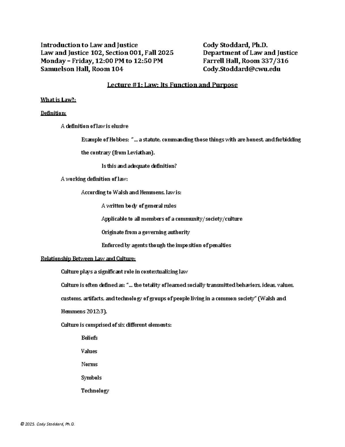 Law and Justice 102: Intro to Law, Function & Purpose Lecture Notes ...