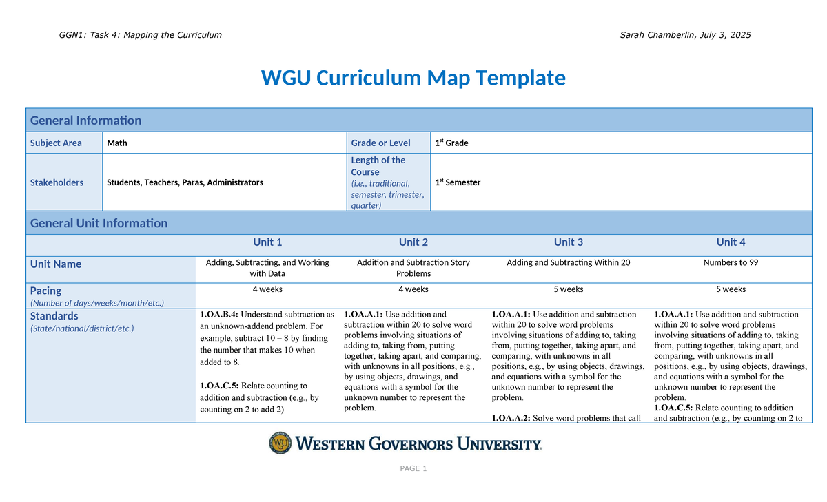 GGN1: Task 4 - Curriculum Mapping for 1st Grade Math - Studocu