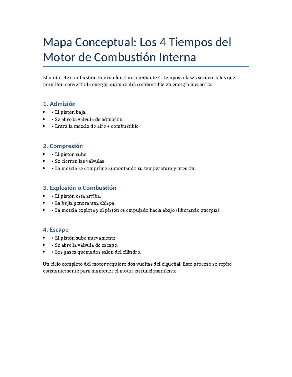 Mapa Conceptual: 4 Tiempos del Motor de Combustión Interna - Studocu