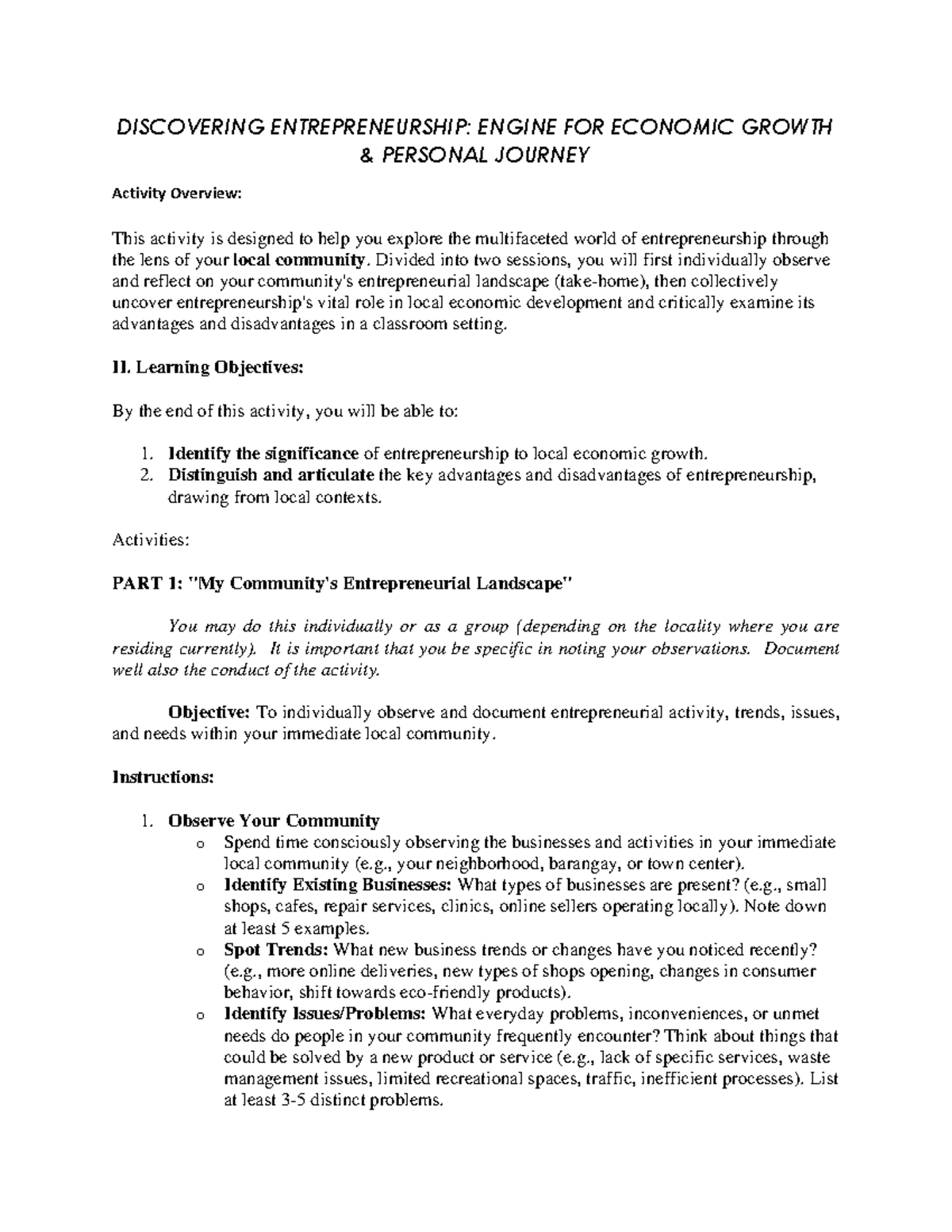 ENT 101: Exploring Local Entrepreneurship for Economic Growth Activity ...