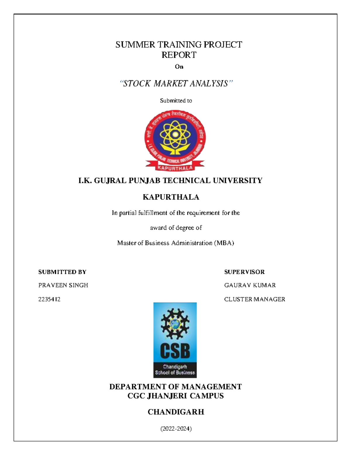 MBA 2235412 Summer Project Report: Stock Market Analysis Overview - Studocu