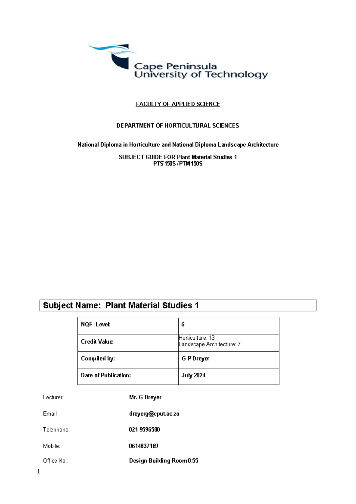 Subject Guide for Plant Material Studies 1 (PTM 150S) 2025 - Studocu