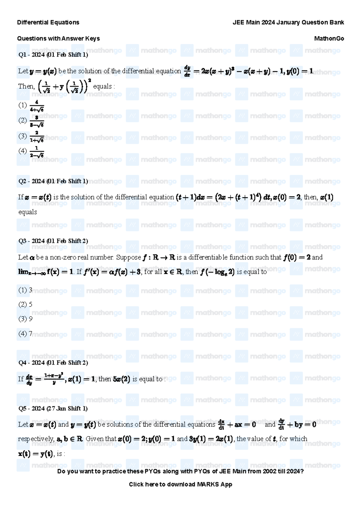 Differential Equations - JEE Main 2024 January Question Bank - MathonGo - Studocu