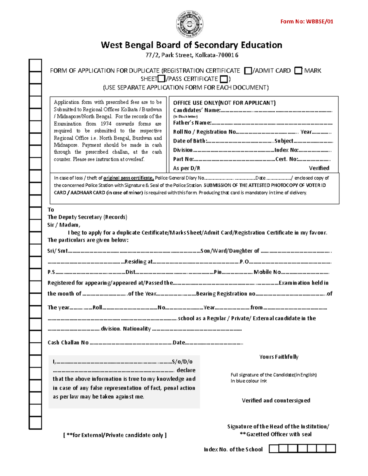 Application for Duplicate Admit Card/Marksheet - WBBSE Form - Studocu