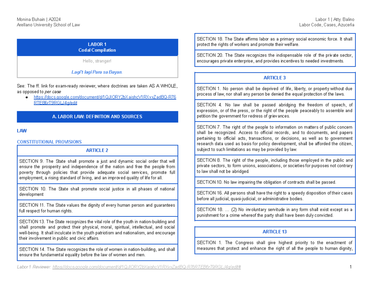 [Labor 1] Codal Compilation - Arellano University School of Law Labor ...