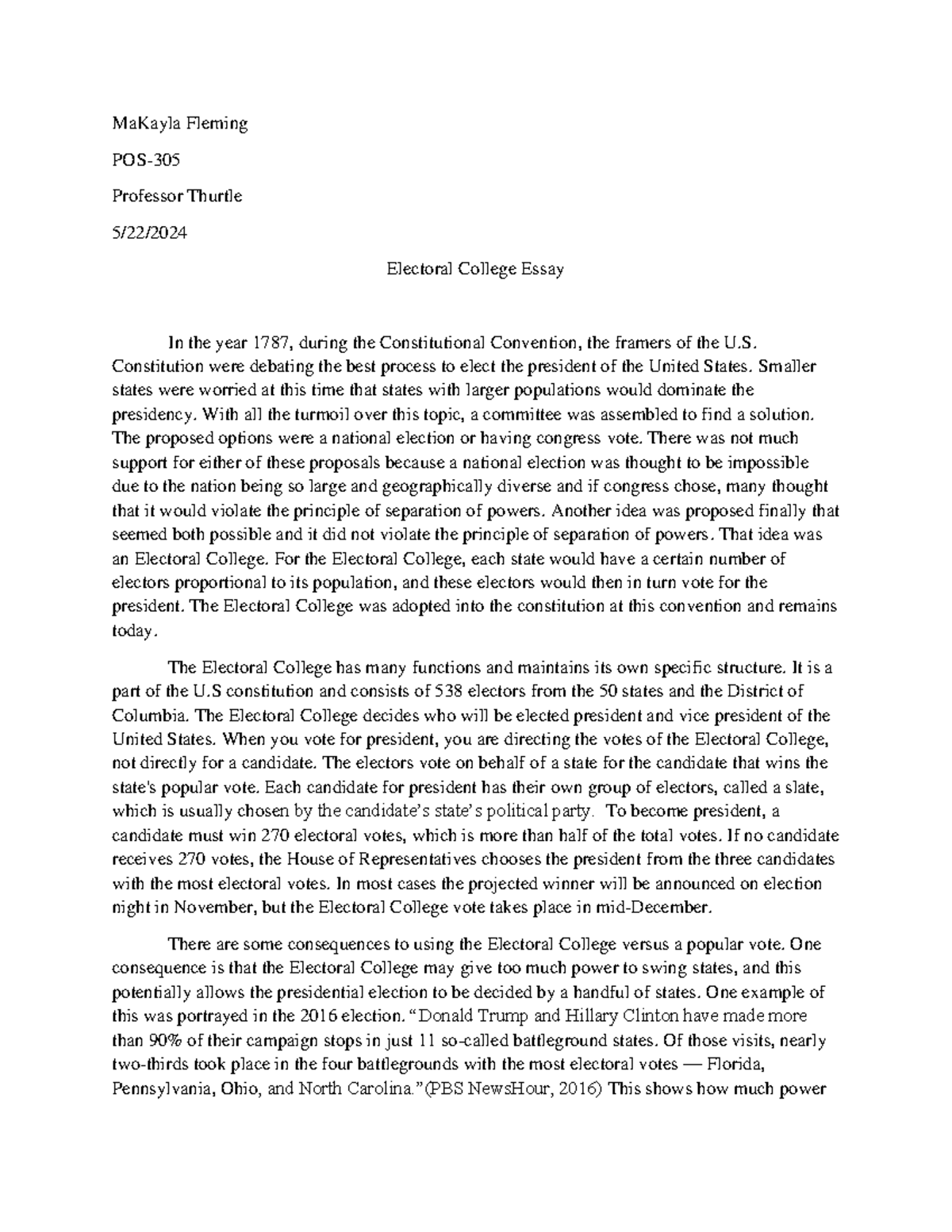 Electoral college essay - MaKayla Fleming POS- 305 Professor Thurtle 5 ...