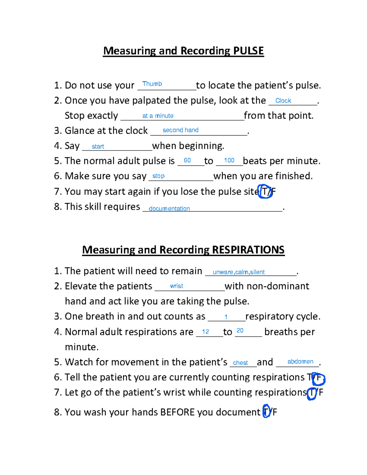 Medical Worksheet - Measuring PULSE & RESPIRATIONS Study Guide - Studocu
