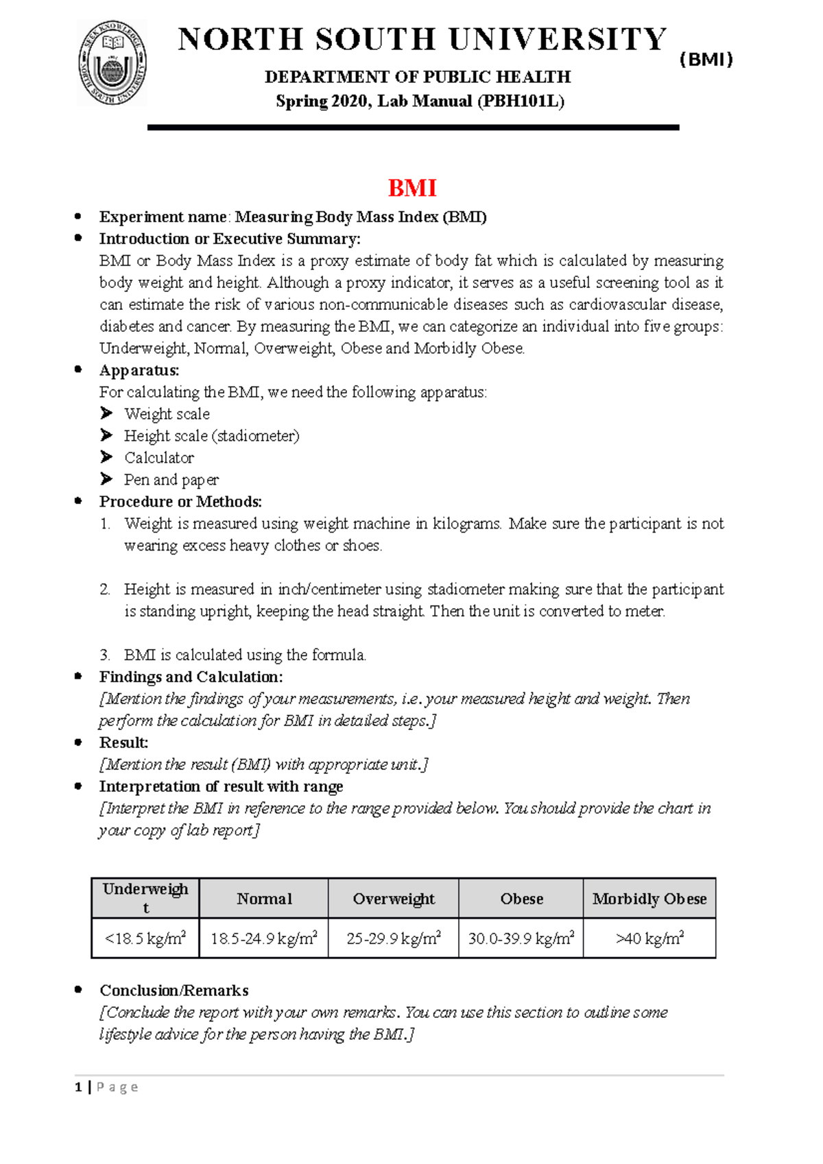 BMI Lab Manual PBH101L: Experiments on Body Measurement Techniques ...