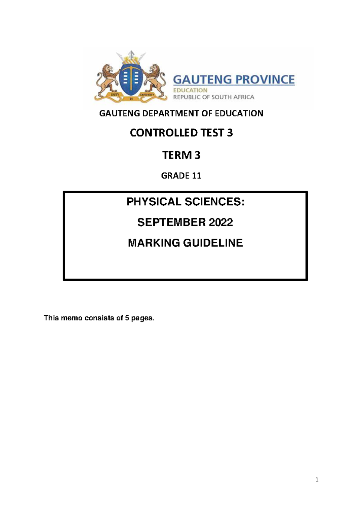 GAUTENG DEPT OF EDUCATION GRADE 11 PHYSICAL SCIENCES TEST 3 MEMO - Studocu