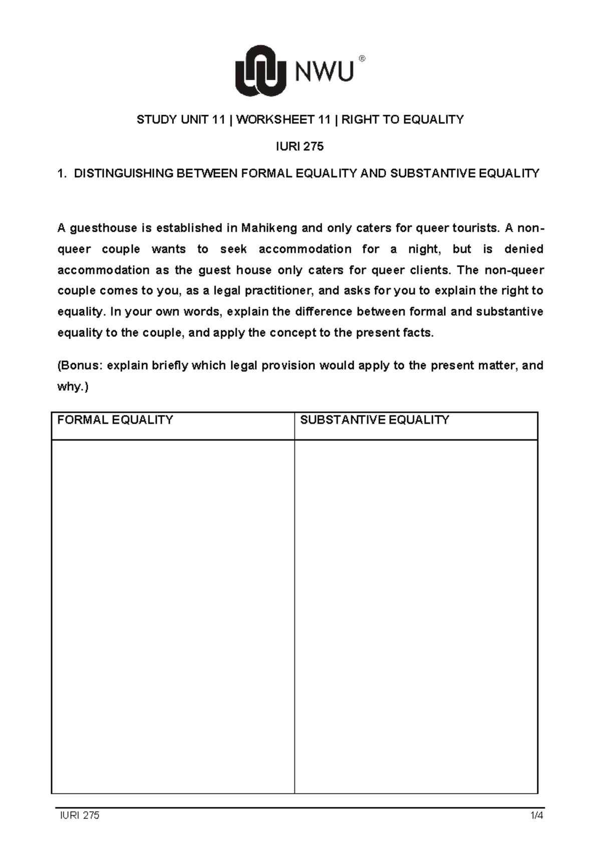 IURI 275 Study Unit 11 Worksheet: Right to Equality Analysis - Studocu