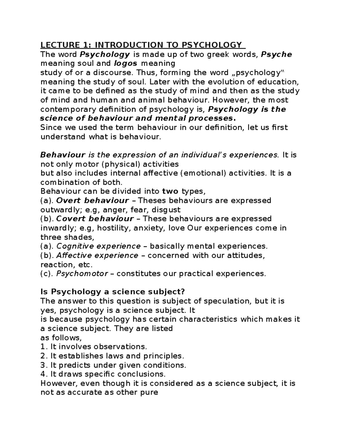 LECTURE 1: INTRODUCTION TO PSYCHOLOGY - KEY CONCEPTS AND DEFINITIONS ...