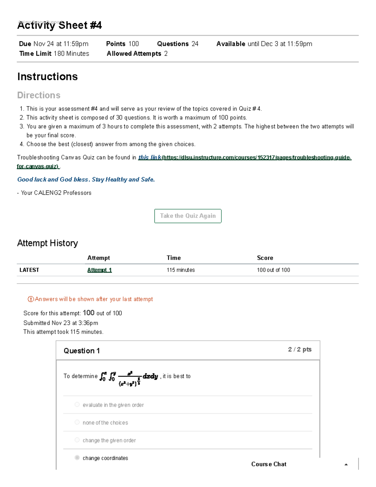 CALENG2 Activity Sheet 4 - Integral Calculus Review (100 pts) - Studocu