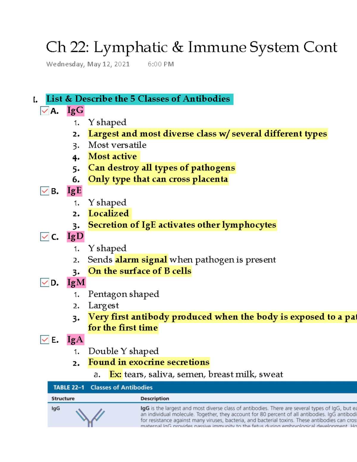 Ch 22: Lymphatic & Immune System Overview and Antibody Classes - Studocu