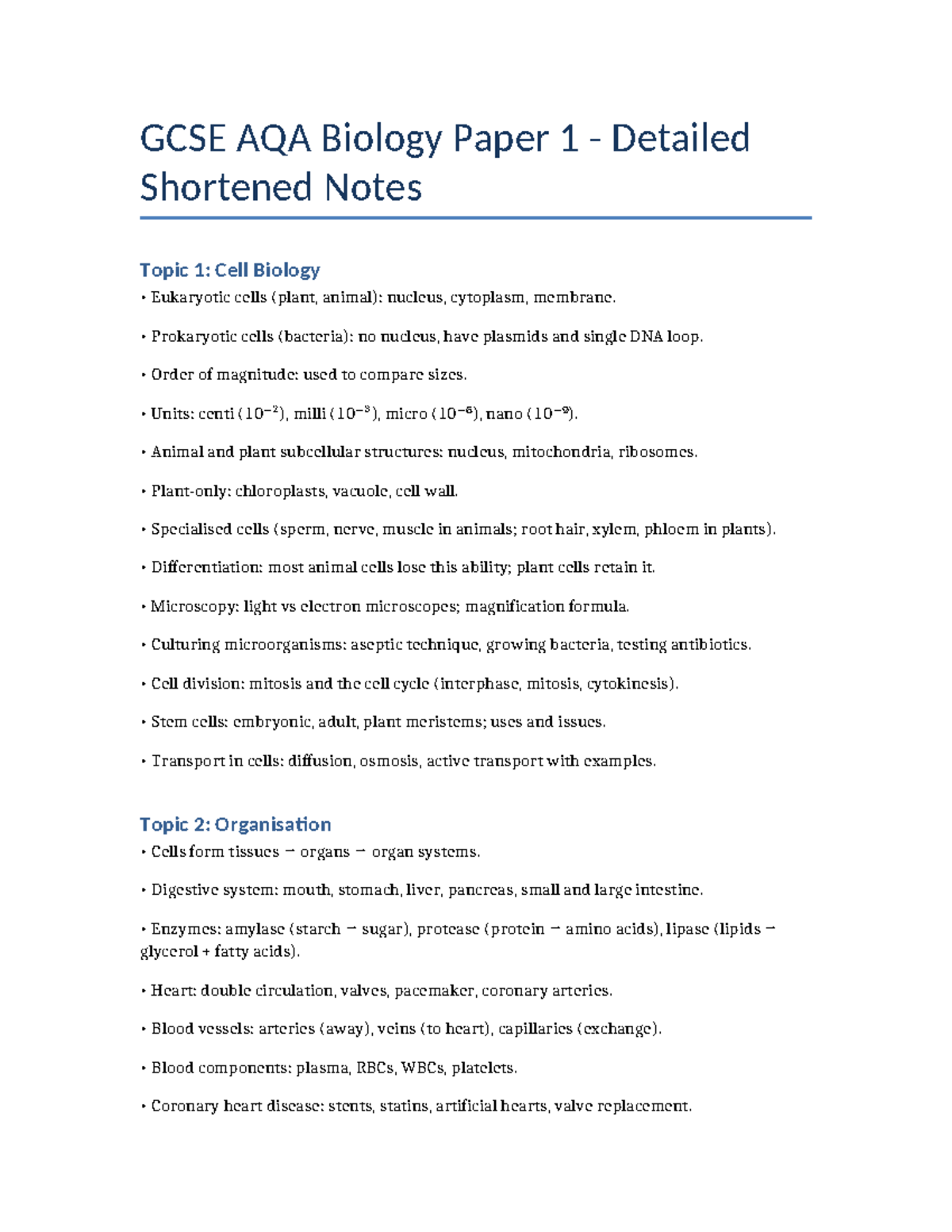 GCSE AQA Biology Paper 1: Shortened Revision Notes for Quick Study ...