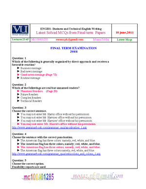 ENG201 Solved MCQs for Papers AND Quizs - For Registration on virtualinspire u can use ENG201 ...