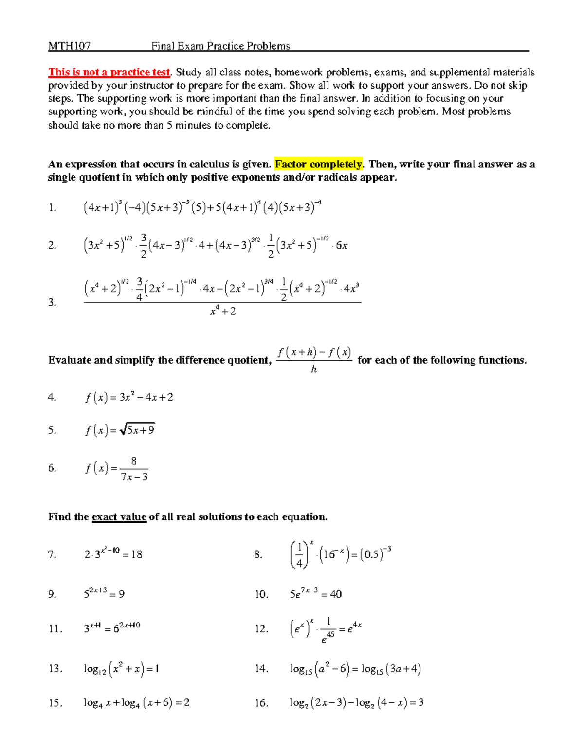 16 MTH107 Final Exam Practice Problems Revised 2022 - MTH107 Final Exam Practice Problems This ...