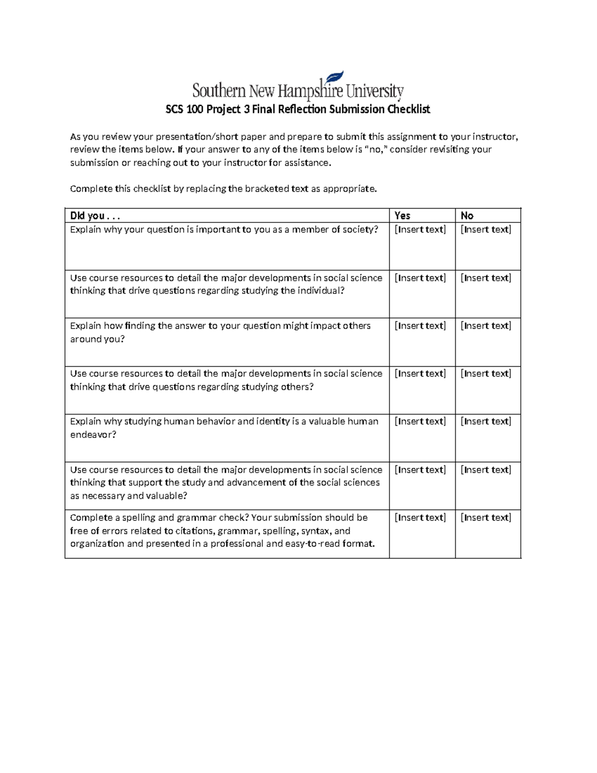 SCS 100 Project 3 Final Reflection Submission Checklist - SCS 100 ...