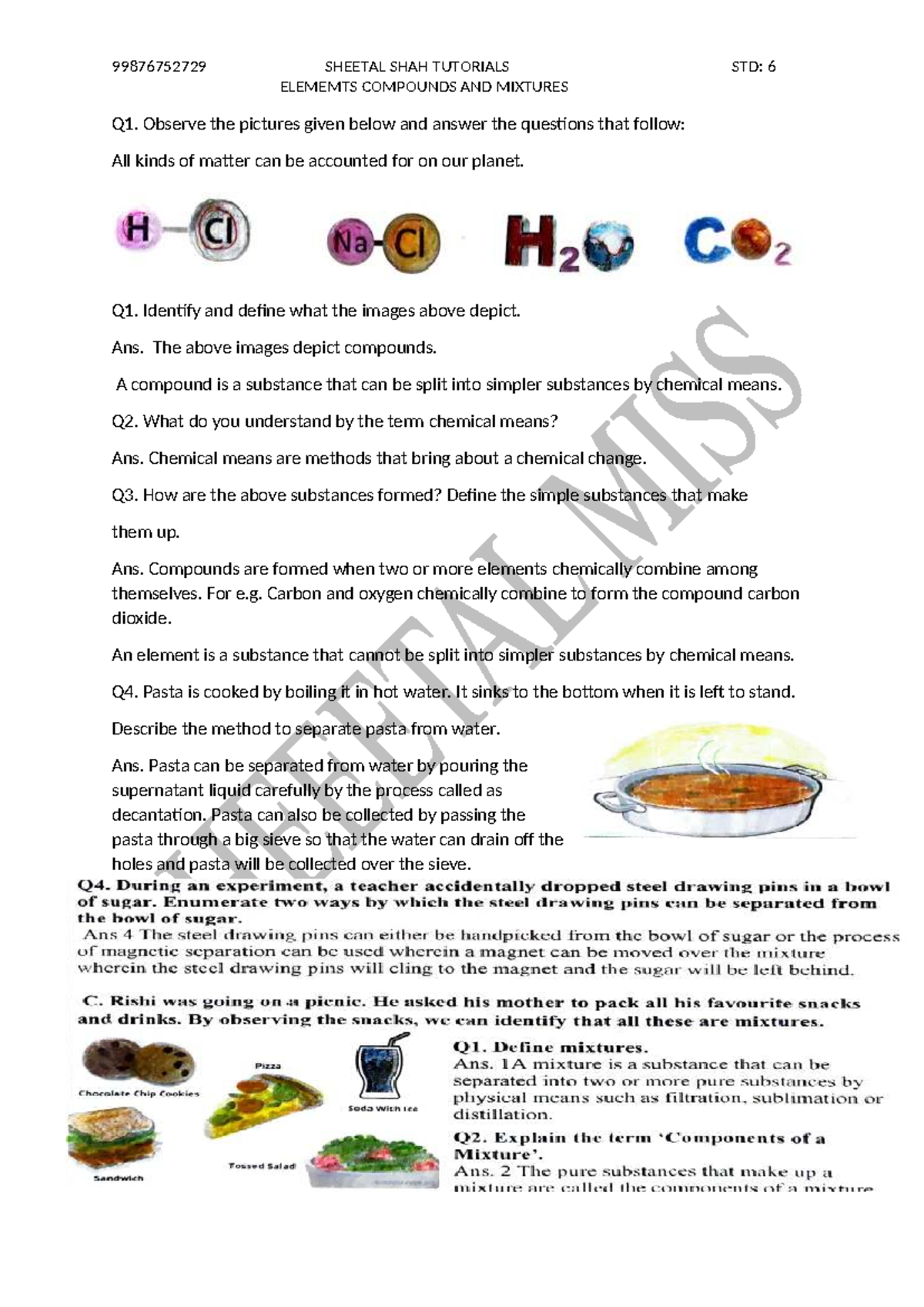 Elements, Compounds, and Mixtures - Std 6 Tutorial Notes - Studocu
