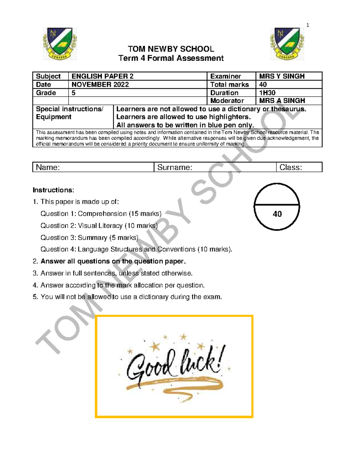Grade 5 English Paper 2 Formal Assessment - November 2022 - Studocu