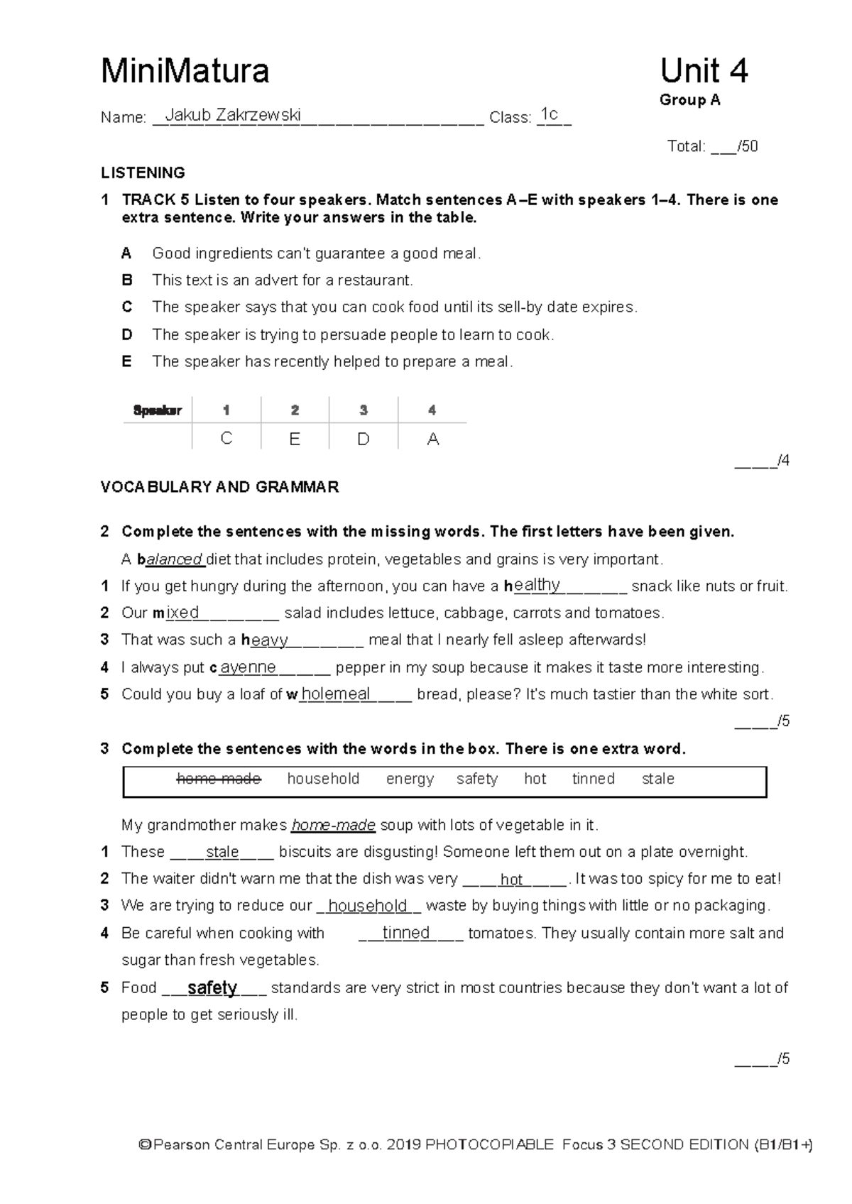 Focus 3 2E Mini Matura Unit 4 Group A Listening and Vocabulary ...