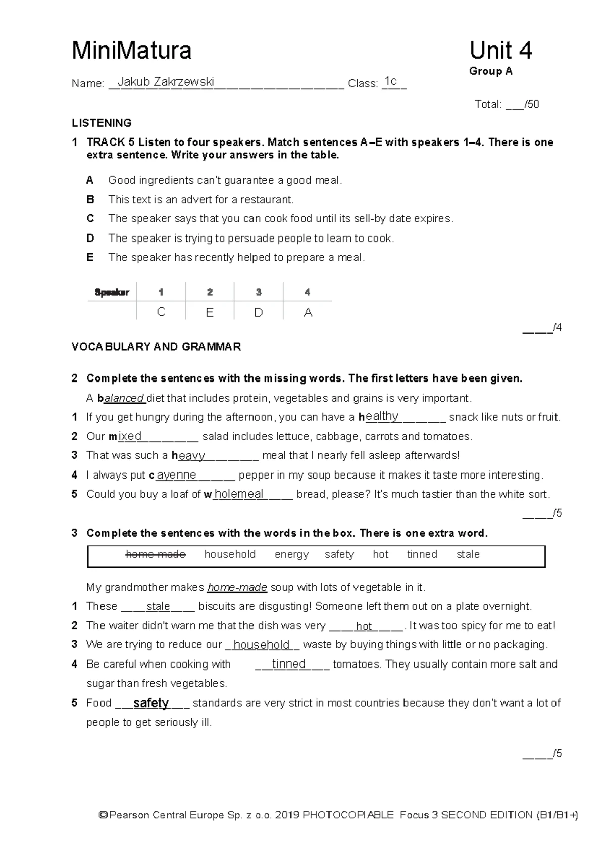 Karta pracy Język Angielski klasa VII - Test DOBRY START - Studocu