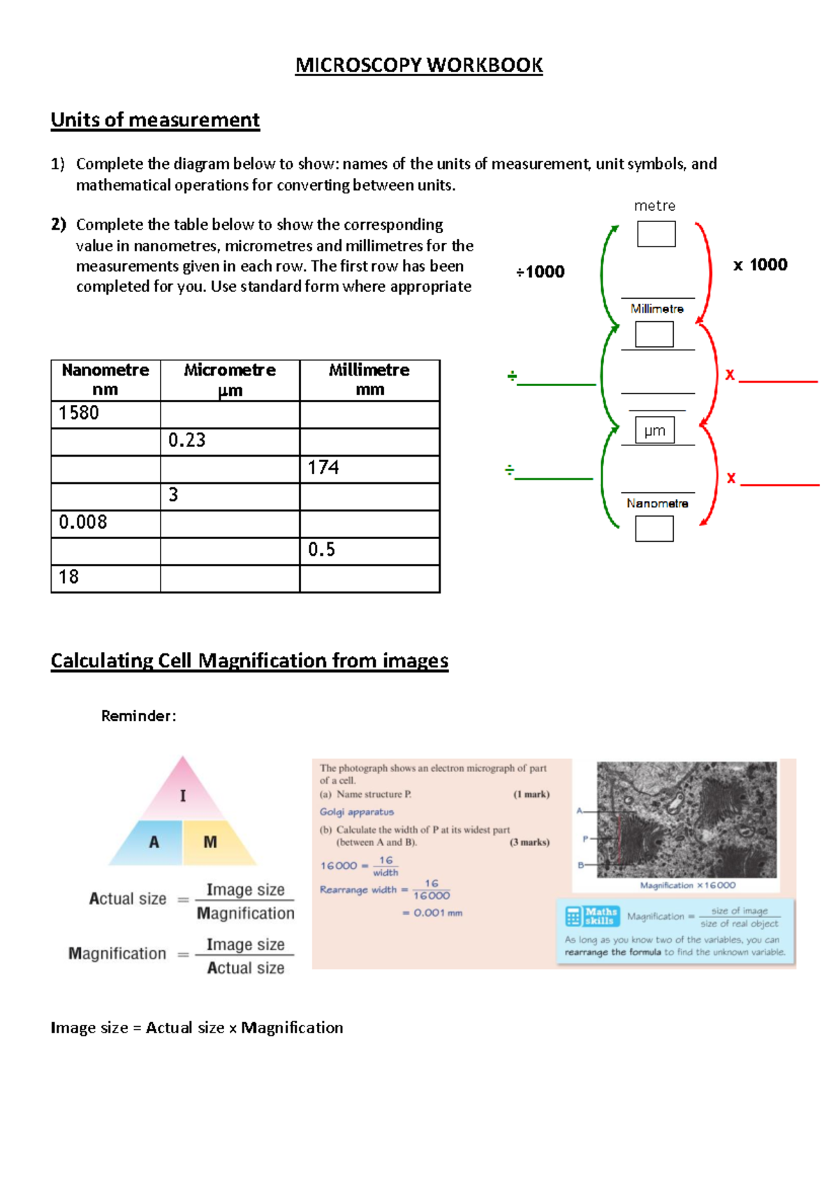 MICR 101: Microscopy Workbook on Measurement Units and Calculations ...