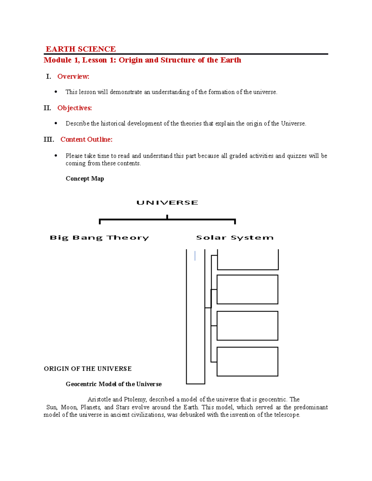 Lesson 1 Universe and the Solar System - EARTH SCIENCE Module 1, Lesson ...
