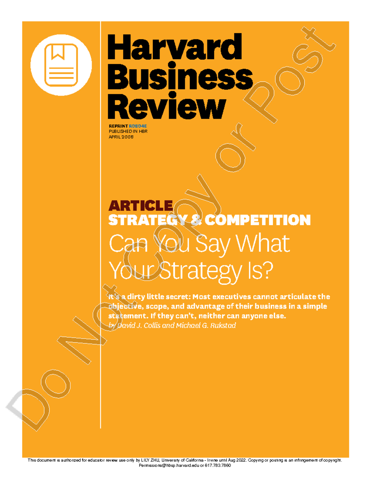 Collis & Rukstad 2008: Articulating Business Strategy in HBR - Studocu