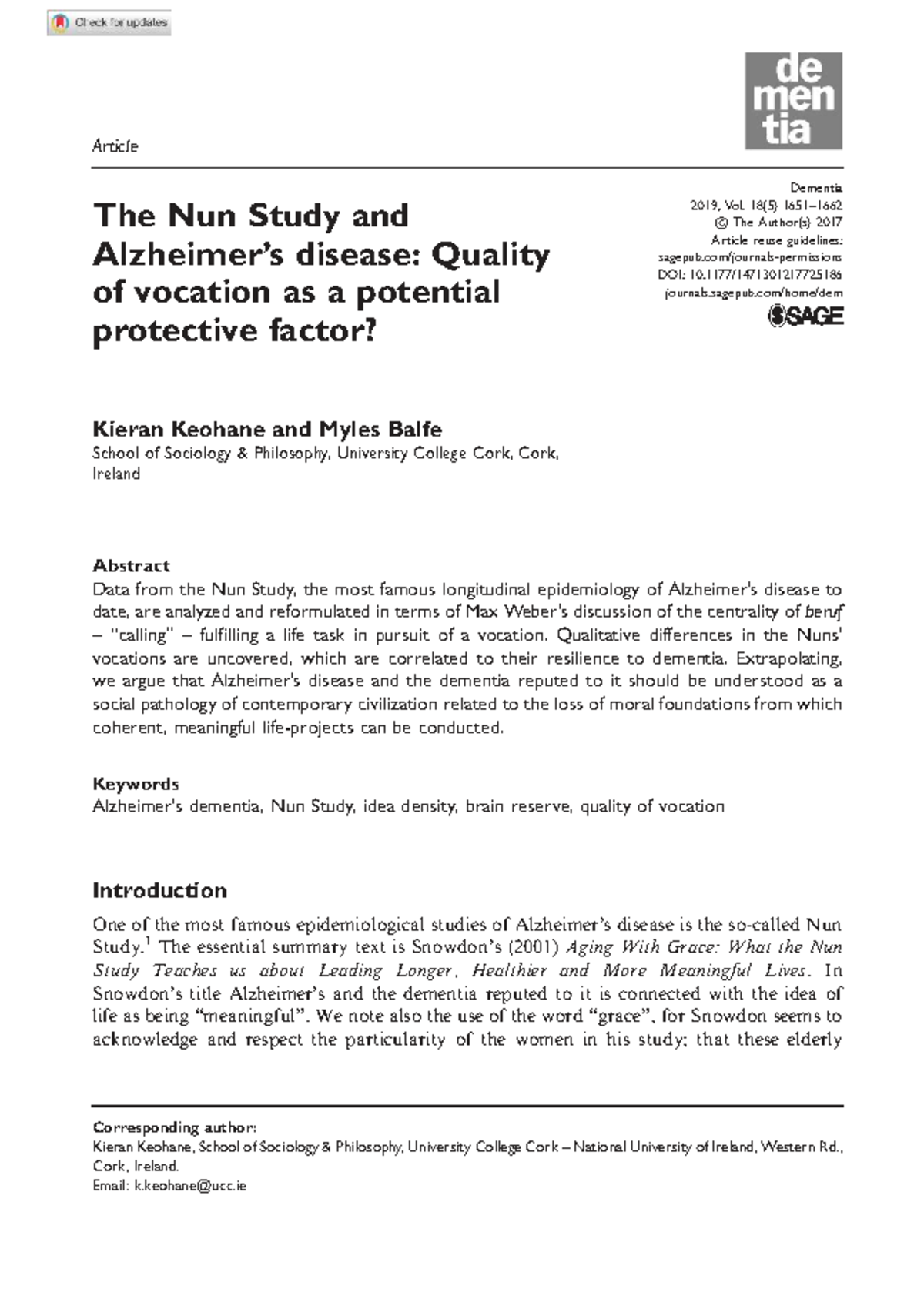 The Nun Study and Alzheimer's Disease: Vocation as a Protective Factor ...