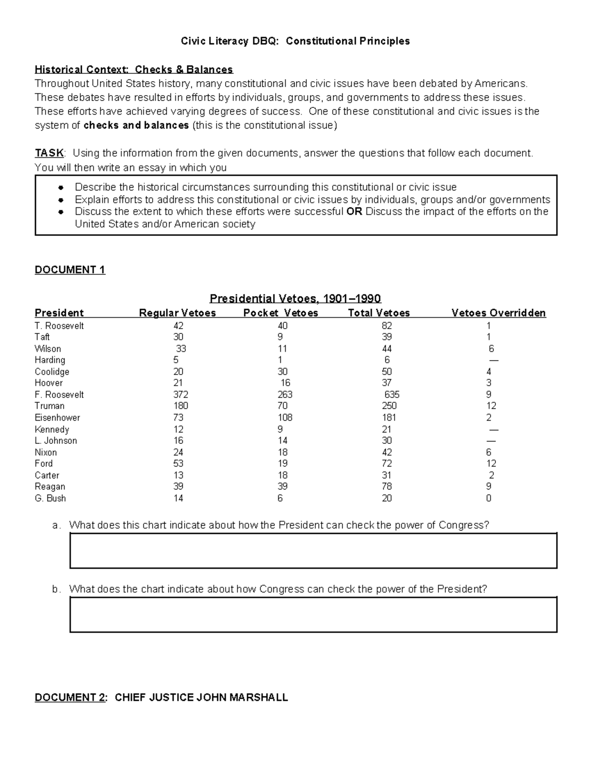 Civic Literacy DBQ: Examining Checks and Balances in the Constitution ...